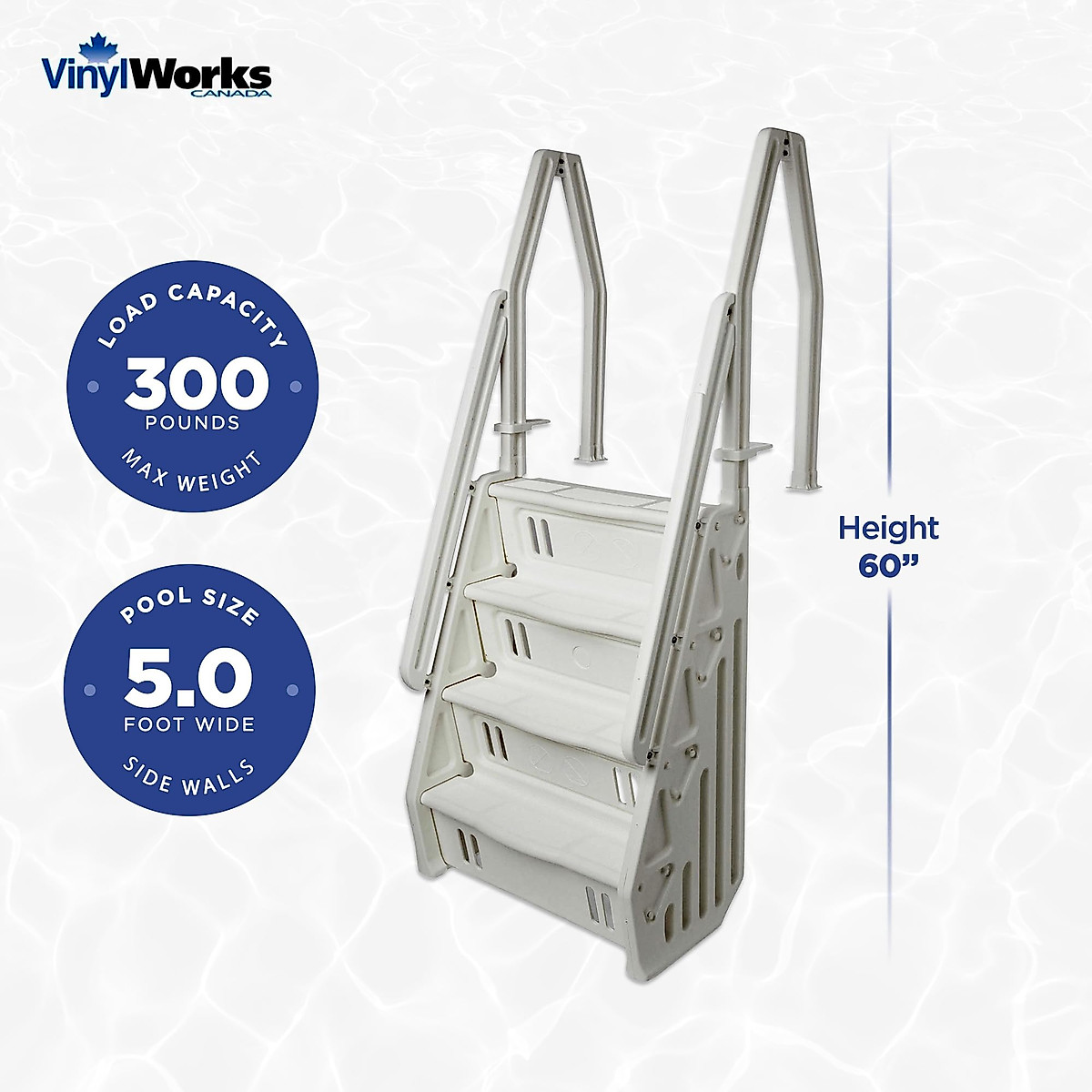 Vinyl Works Deluxe Versatile Adjustable 32 Inch in-Pool Step Ladder Entry System with Double Handrail for Above Ground Swimming Pools, White