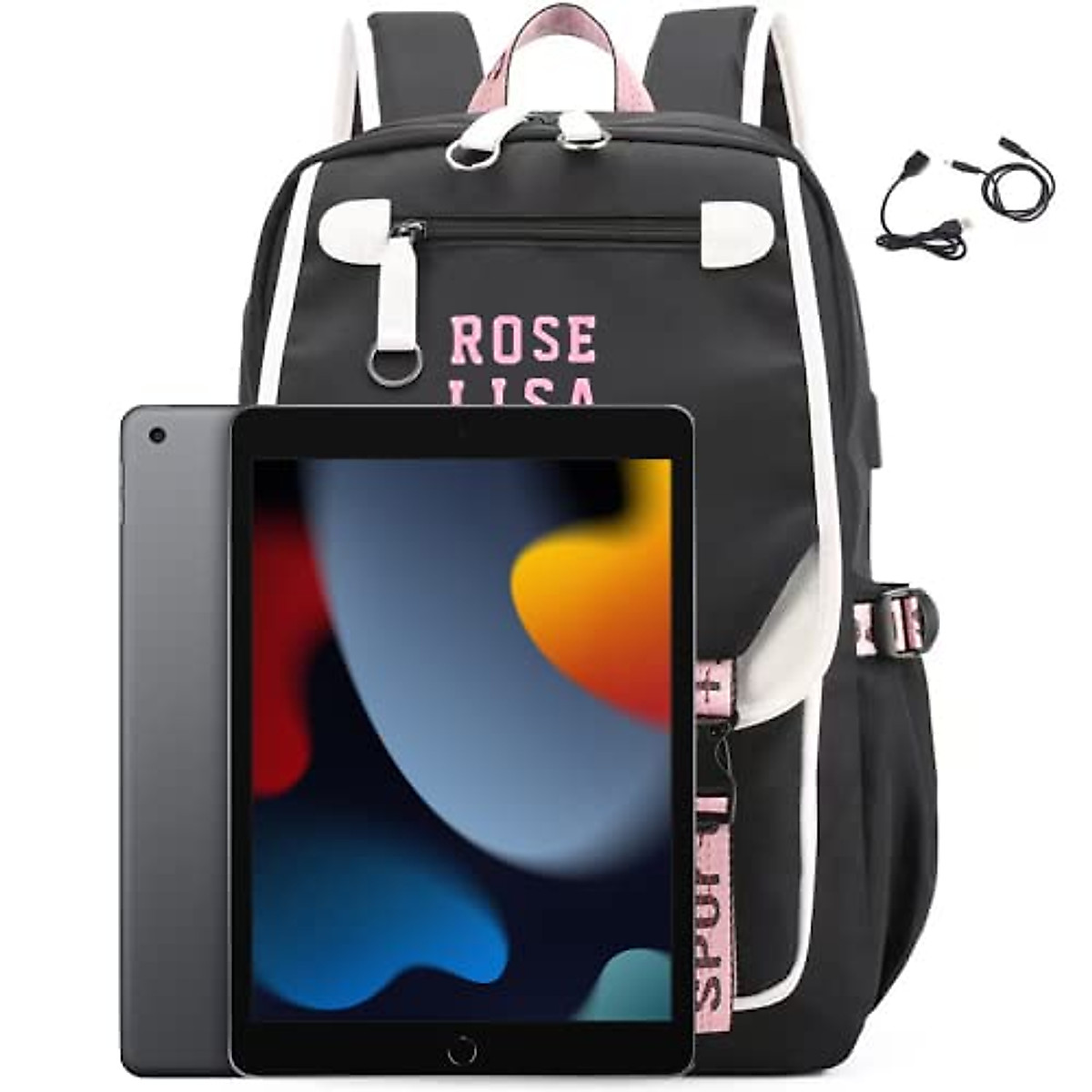 BBSLEVY with USB and audio cable for students, double backpack casual backpack, 15.6-inch laptop BLACKPINK (Black), 11.4 * 6.3 * 18