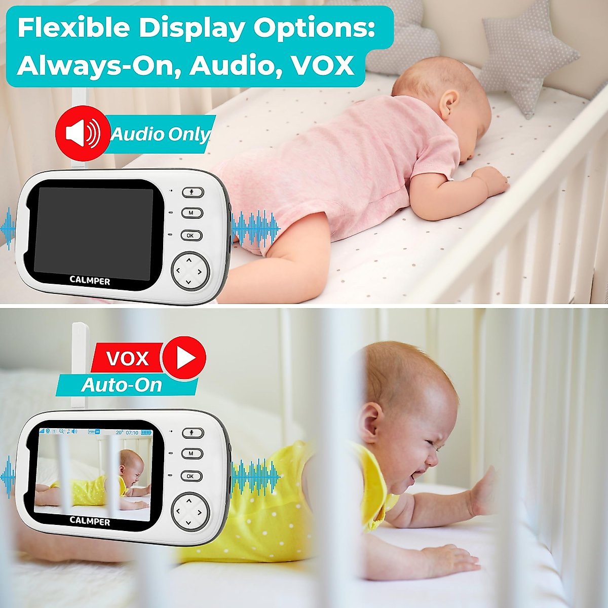 CALMPER Camper Video Baby Monitor with Camera and Audio - 3.5” Non WiFi Baby Monitor Camera with up to Overnight 2000mAh Battery - 1000ft VOX Long Range Baby Monitor No WiFi (2000mAh+FlexMount)