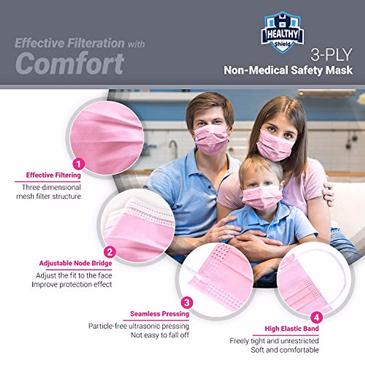 Healthy Shield 50pcs Disposable 3-Ply Safety Face Mask, Comfortable Ear Loop and Breathable, Non-Woven, Mouth Covers, Nose Clip, perfect for Adult, Men, Women, Home, Office, Indoor, Outdoor. - Pink