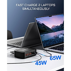 Aergiatech 140W USB C Charger, 8-Port Charging Hub for Multiple Devices, 65W and 45W PD3.0 Fast Charging Laptop Power Adapter for MacBook Pro/Air, iPhone iPad Samsung and More
