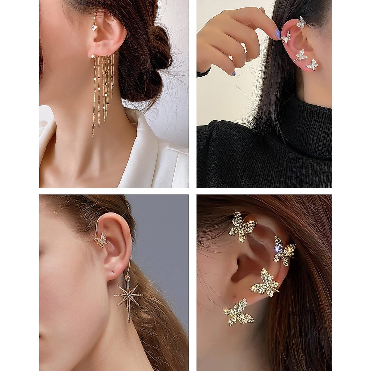 Tornito 4Pcs Butterfly Long Tassel Ear Cuff Dangle Chain Earrings Wrap Crawler CZ Earrings No Piercing Ear Clip Wrap Around Fake Earrings for Women Silver Tone Right Ear