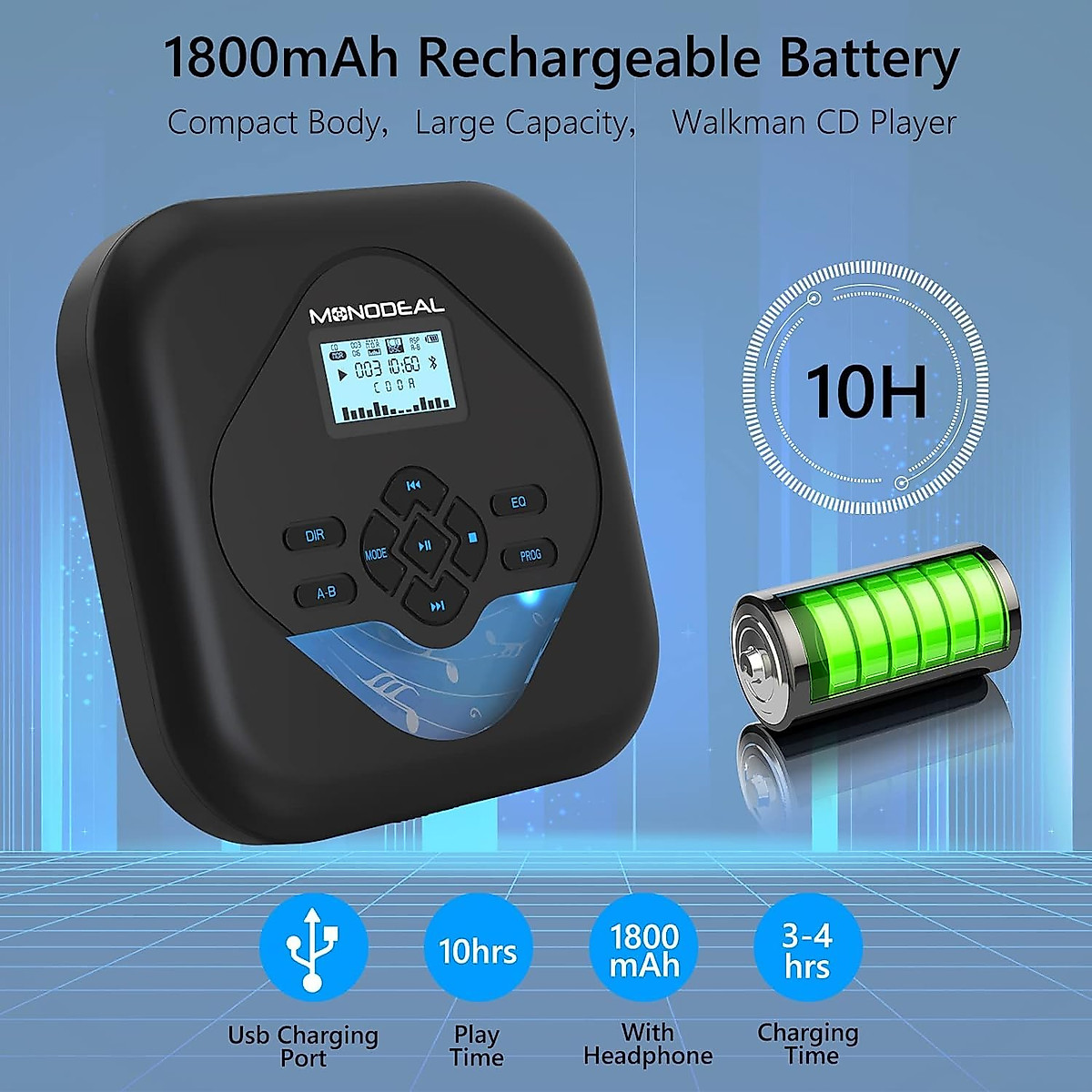 MONODEAL CD Player Portable,Bluetooth CD Player with Speakers,Rechargeable Walkman CD Player for Car and Home,Small Anti-Skip CD Player with Dual Headphone Jacks,WAV/FLAC/MP3/CD Compatible