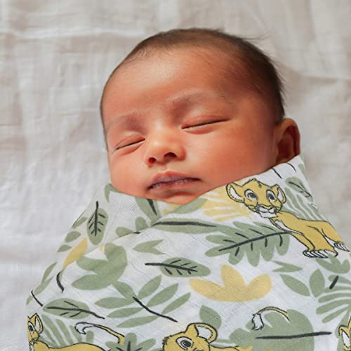 Disney Lion King Simba Yellow, Green, and White 2Pk 100% Cotton 44" x 44" Muslin Swaddles with Plush Rattle