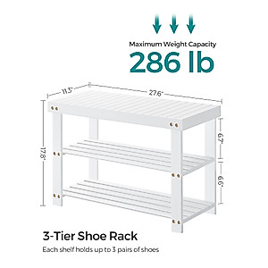 SONGMICS Shoe Rack Bench, 3-Tier Bamboo Shoe Storage Organizer, Entryway Bench, Holds Up to 286 lb, 11.3 x 27.6 x 17.8 Inches, for Entryway Bathroom Bedroom, White ULBS004W01