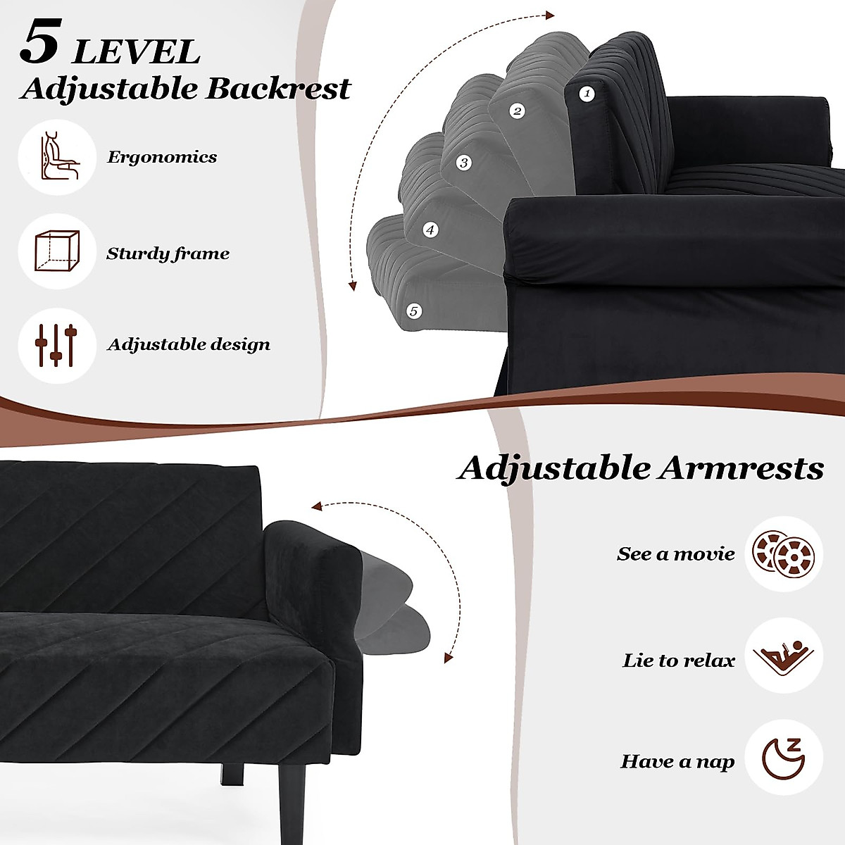 87 Inch Futon Sofa Bed, Modern Convertible Sleeper Futon Couch with Adjustable Armrests and Backrest, Velvet Oversized Loveseat Sofa Couch for Living Room, Apartment,Black