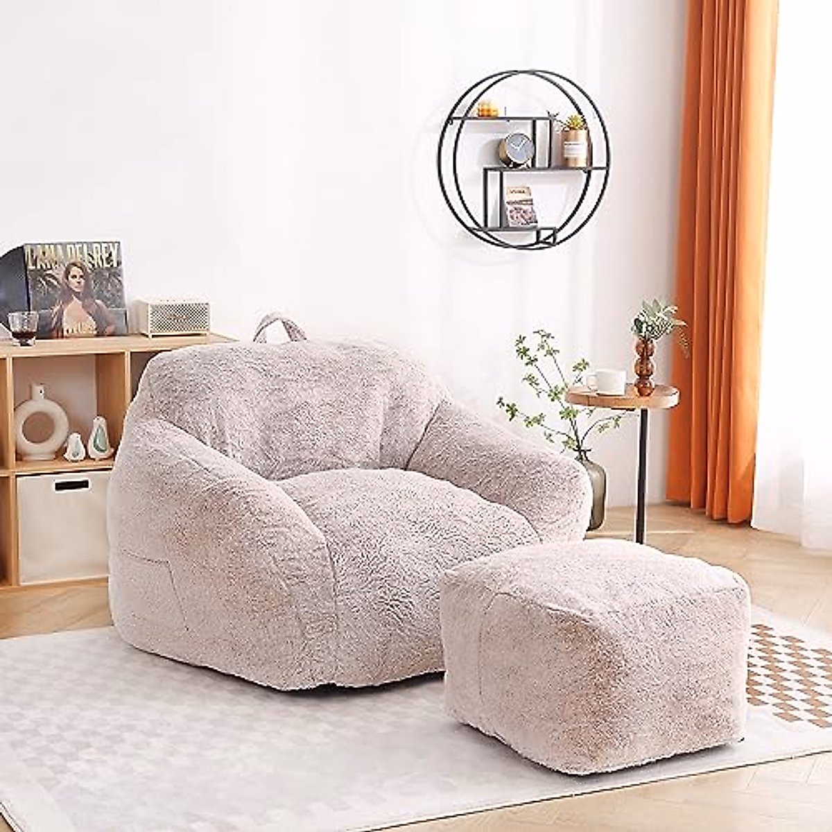 LITA Bean Bag Chair with Ottoman, Fur Faux Armrests Accent Chair High-Density Foam Filled Giant Lazy BeanBag Sofa with Pocket & Foot Stool for Living Room, Bedroom, Coffee