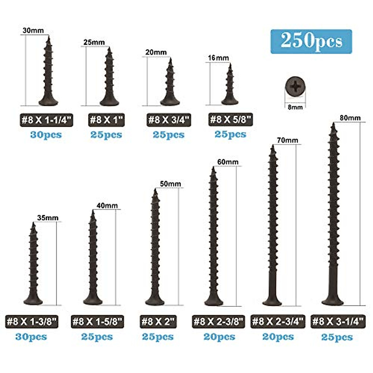#8 Drywall Screws 250PCS Black Carbon Steel Flat Head Fast Self Tapping Drywall Screws,Wood Screws,Wood Screws Assortment Set by SG TZH