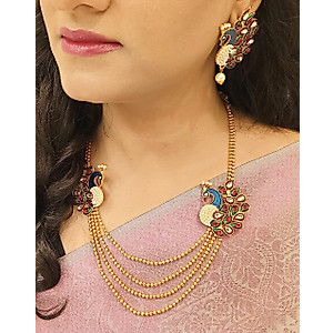 Efulgenz Indian Jewelry Sets for Women Indian Bollywood Multi Layered Traditional Crystal Beaded Wedding Temple Necklace Peacock Earrings Jewelry Set