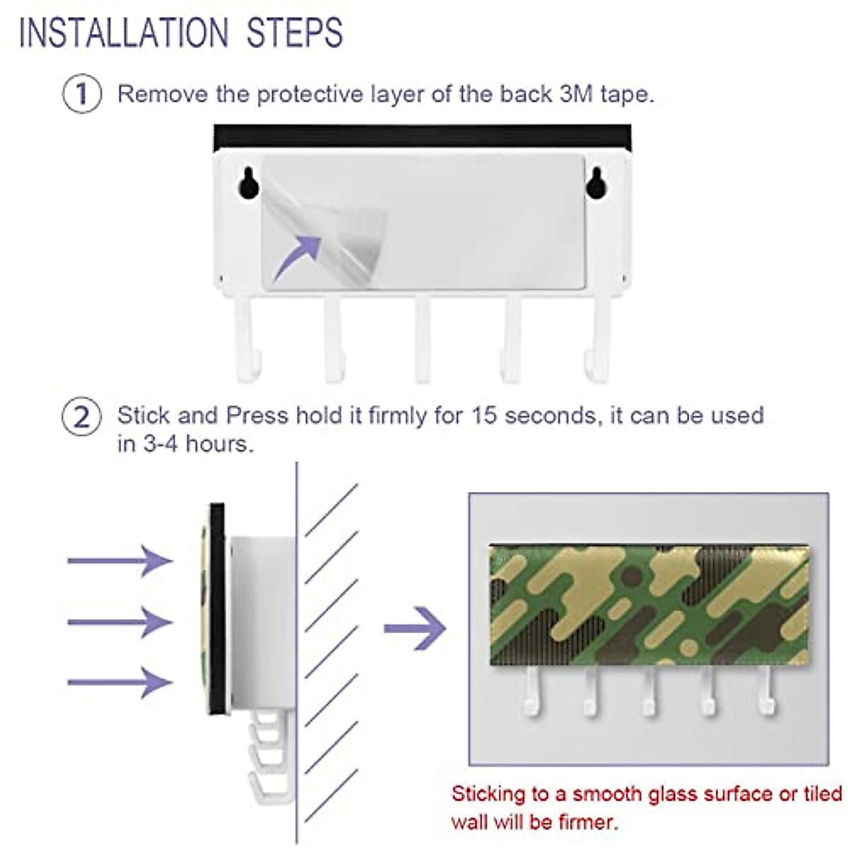 Camouflage Mail Holder Organizer and Key Hooks PU Front, Self Adhesive Key Rack with 5 Hooks Perfect for Entryway, Hallway，Bathroom ，Kitchen