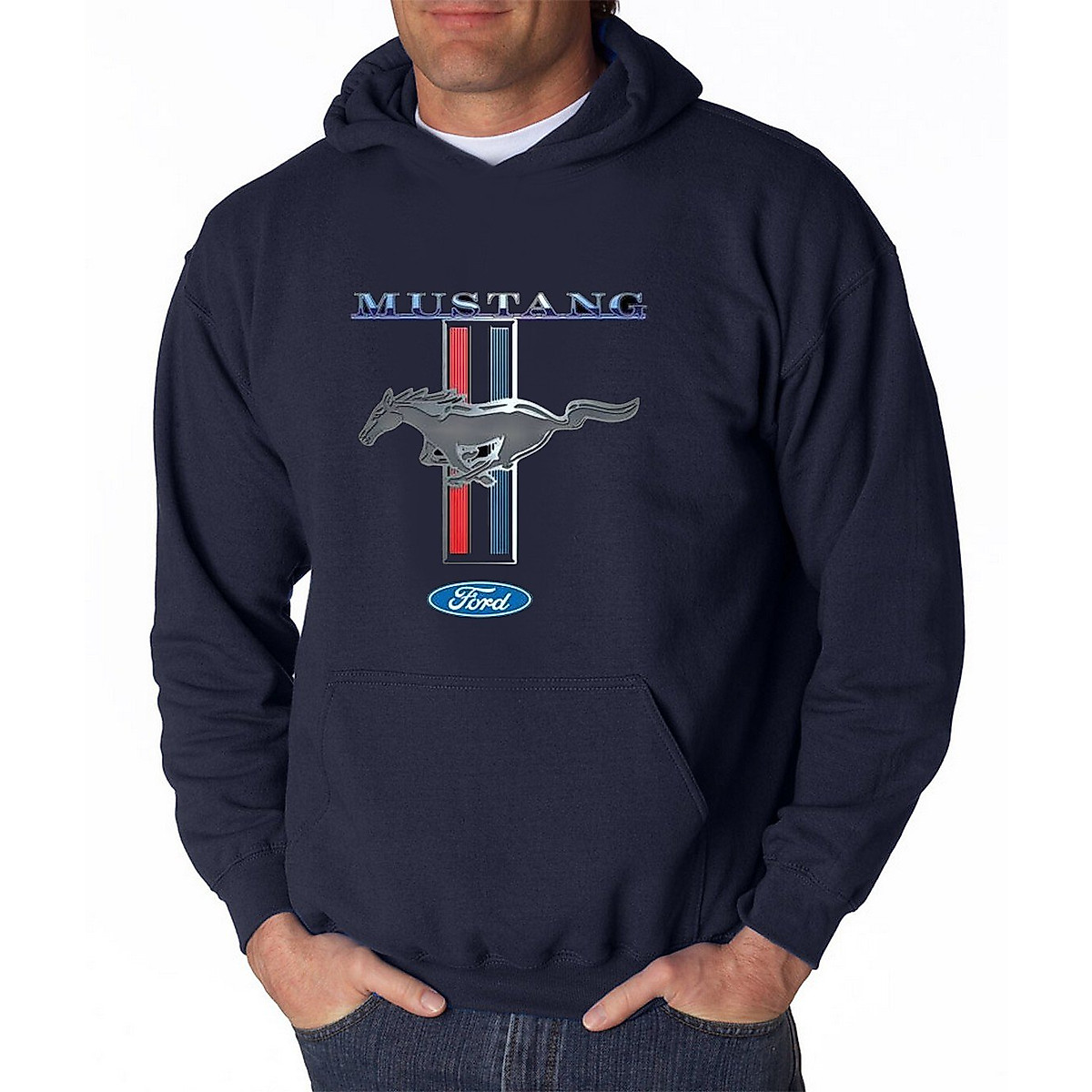Lucky Ride Mustang Logo Symbol Mens Sweatshirt Hooded Pullover Hoody Navy Blue,Large