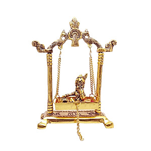 KridayKraft Laddu Gopal on Jhulla Palana Metal Statue Gold Plated Decor Your Home,Office Metal Krishna Murti,Showpiece Figurines,Religious Idol Gift Article.