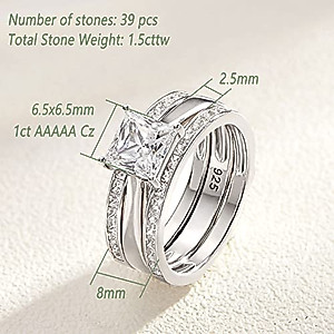 Wuziwen Princess Bridal Ring Set for Women Wedding Band Guard Enhancers CZ Sterling Silver Size 7