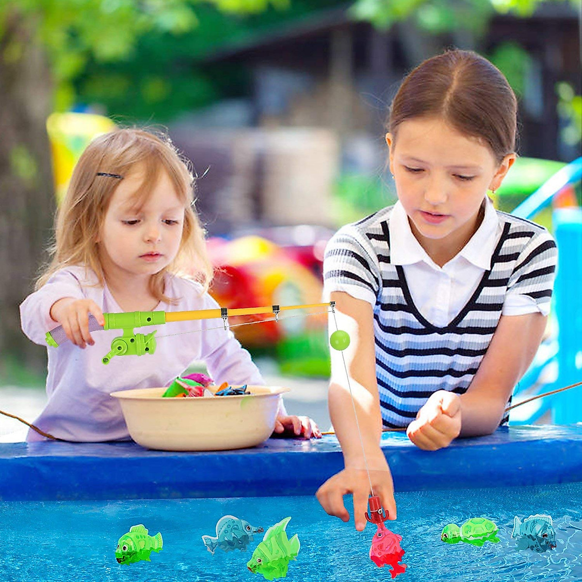 Liberty Imports Magnetic Light Up Kids Fishing Pole Bath Toy Set - Rod and Reel with Sea Turtle and 5 Unique Fish -Outdoor Water Toys and Fishing Game for Kids Age