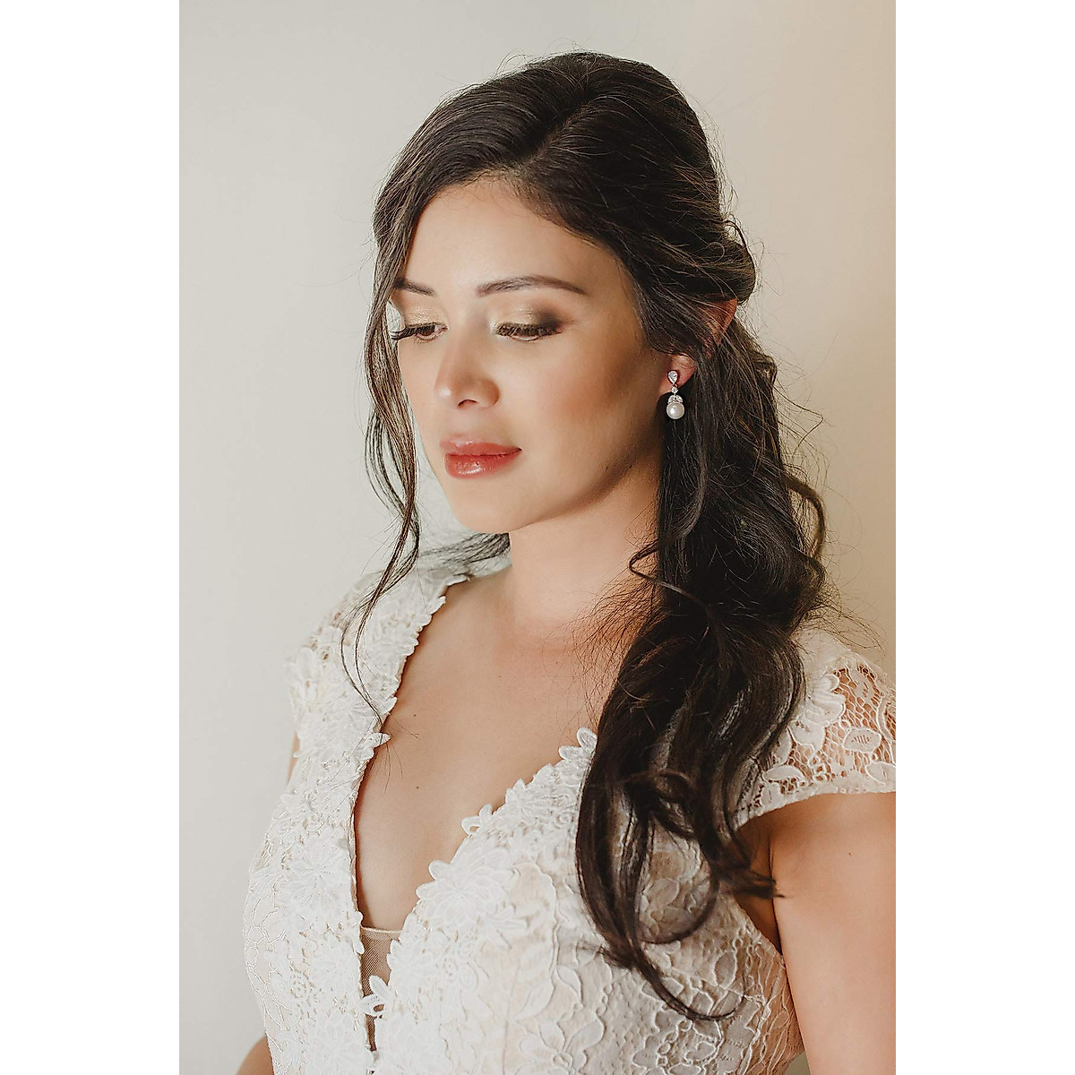 SWEETV Cubic Zirconia Pearl Drop Wedding Earrings for Brides, Ivory Camellia Bridal Pearl Earrings for Bridesmaid Jewelry Gift