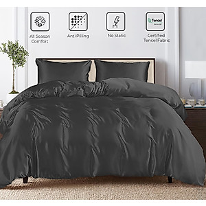 Linenwalas Tencel Lyocell Duvet Cover Set with Deep Pocket Fitted Sheet, Viscose Made from Eucalyptus Soft, Lightweight and Breathable Complete Bedding Set (Charcoal Grey, Queen)