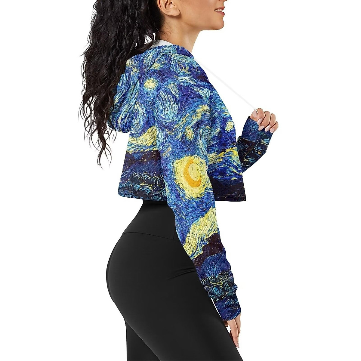 DISNIMO Van Gogh Starry Night Crop Top Hoodie for Women Teen Girls L Long Sleeve Shirt Athletic Sweatshirt Drawstring Hooded Pullover Tops Fall Outfits Running Gym Sport Clothing