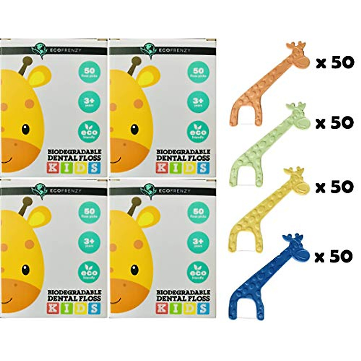 EcoFrenzy Kids Floss Picks 200 COUNT (4 packs of 50 Flossers) - BIODEGRADABLE Cornstarch - Strawberry Flavored