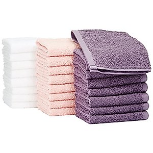 Amazon Basics Fast Drying, Extra Absorbent, Terry Cotton Washcloth, Pack of 24, Petal Pink, Lavender, White, 12" x 12"