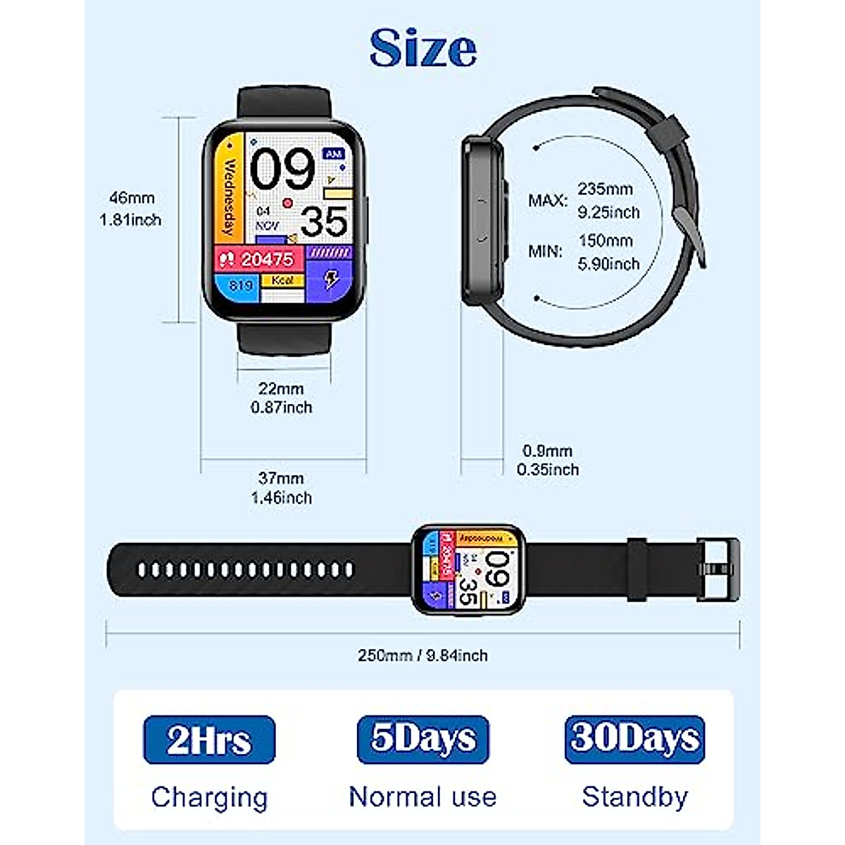 RUIMEN Smart Watches for Men Women (Answer/Make Calls) Compatible with iPhone/Android Phones, 2023 Ver. 1.85" HD Screen Fitness Tracker Heart Rate Monitor 100+ Sports Tracker Watch Waterproof (Black)