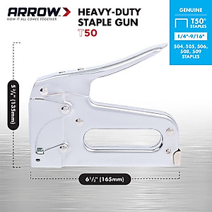 Arrow T50 Heavy Duty Staple Gun for Upholstery, Wood, Crafts, DIY and Professional Uses, Manual Stapler Uses 1/4”, 5/16”, 3/8", 1/2", or 9/16” Staples