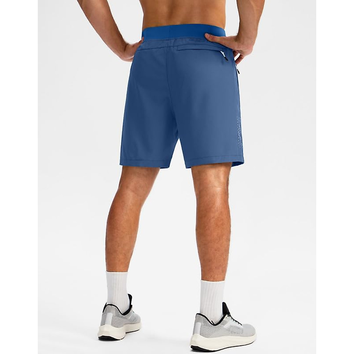 Pudolla Men's Workout Running Shorts with 3 Zipper Pockets Lightweight 7" Gym Shorts for Men Athletic Walking Hiking(Dusty Blue Medium)