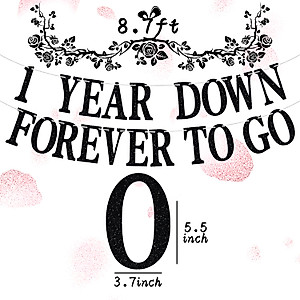 1 Year Down Forever to Go Banner, 1 Year of Marriage Gift, Happy 1st Wedding Anniversary Party Decoration Supplies, Black Glitter