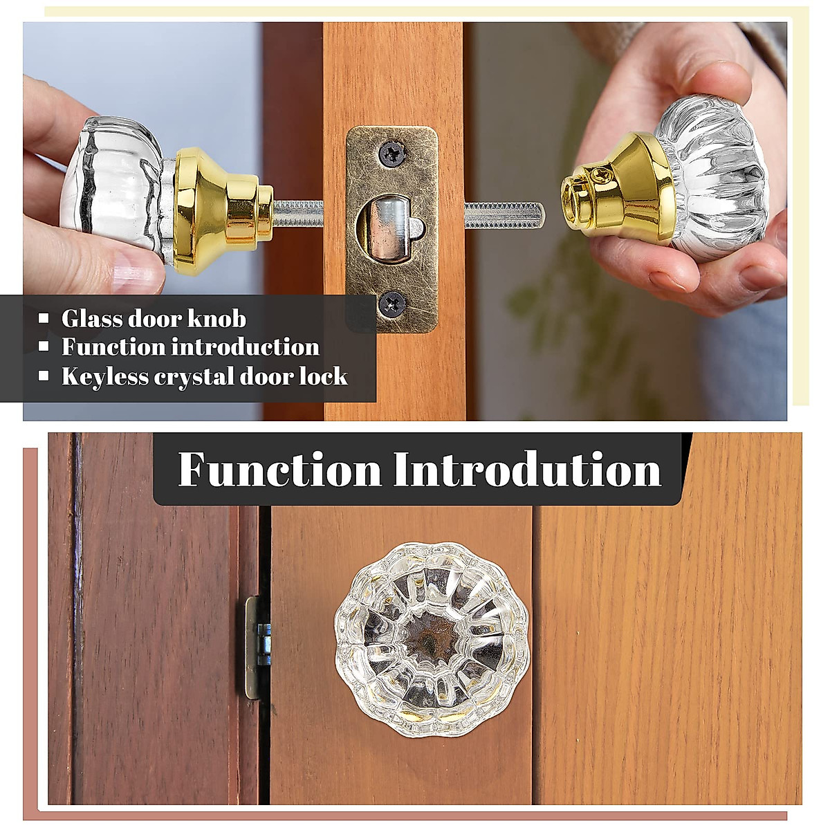 Amylove 2 Set Glass Door Knobs Mortise Style Fluted Crystal Antique Door Knobs with Spindle Antique Doorknobs for Home Interior(Gold,Basic)