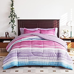 Flysheep 7 Pieces Bed in a Bag King Size, Gradient Purple Red Teal Ombre Boho Striped Comforter Sheet Set, Vibrant Clolorful Patchwork Rainbow Bohemian Bedding Set for All Season