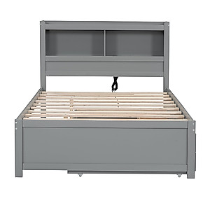 SIYSNKSI Full Size Platform Bed with Trundle, Wooden Platform Bed Frame with Drawers and USB Plugs, Multi-Function Platform Bed for Kids Teens Boys Girls Bedroom, Easy Assembly (Gray + Pine-31a)