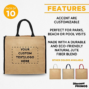DISCOUNT PROMOS Custom Fresno Eco Friendly Jute Tote Bags Set of 10, Personalized Bulk Pack - Reusable, Great for Tradeshows, Grocery, Shopping and Outdoor Events - Black
