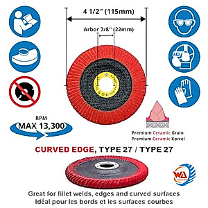 WA 3PCS - 4 1/2"x7/8" Curved Edge 60# Fillet Weld VSM Ceramic Flap Discs Sanding Disc Grinding Wheel for Angle Grinder Metal/Stainless Steel 4 1/2 Inch Grit 60