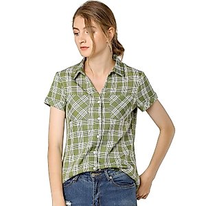 Allegra K Women's Cotton Classic Button Down Western Plaid Shirt Small Light Green