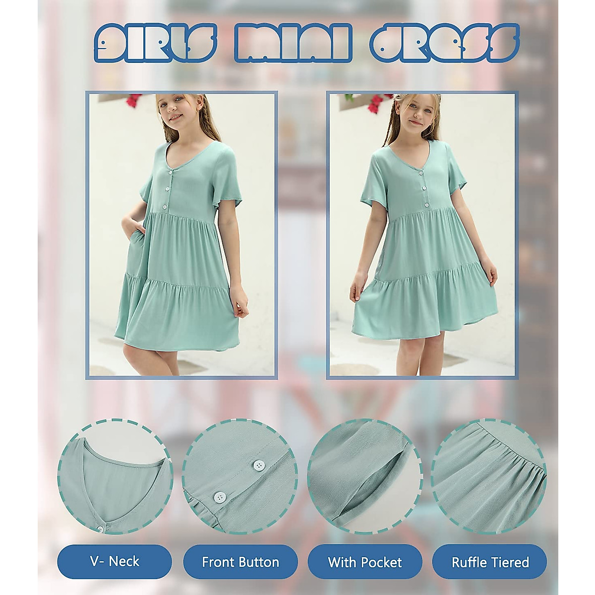 Tymidy Girls Casual Dress A-Line Midi Dress Button Down V Neck Short Sleeve Ruffle Flowy Swing Mixi Dresses for 4-15 Years Lake Green…