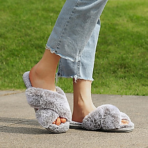 Cozyfurry Womens Cross Band Slippers Cozy Furry Fuzzy House Slippers Open Toe Fluffy Indoor Shoes Outdoor Slip on Warm Breathable Anti-skid Sole Tip Grey 9-10 L
