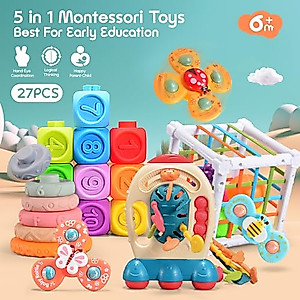 Hamiface 5 in 1 Baby Montessori Toys Set 6 Months and Up Toddler Toys Including Baby Blocks, Pull String Toy, Soft Stacking Rings, Sensory Toys for 1 2 3 4 5 6 Year Old Boys Girls