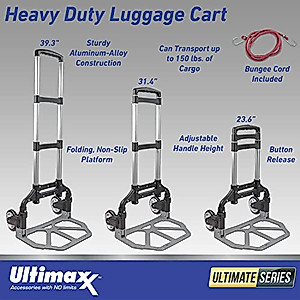 Ultimaxx Professional Heavy-Duty 150 Pound (lb) Capacity Aluminum Folding Hand Truck/Luggage Cart (Black/Silver) with Adjustable Handle, Folding Away Wheels, and Bungee Cord