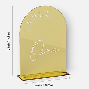Gold Mirror Arched Wedding Table Numbers with Stands 1-10, 5x7 Inch Acrylic Arch Sign with Holder, Table Number 1-10, 5"x7")