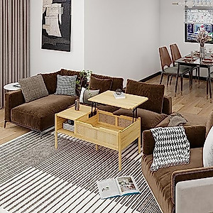 Modern Natural Bamboo and Rattan Table, Lift Coffee Table. Adjustable Storage Rack Living Room