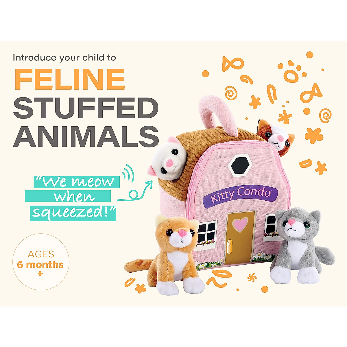 Etna Meowing Cat Condo Toy Playset with Sounds, 5 Piece Small Stuffed Cats and Kittens