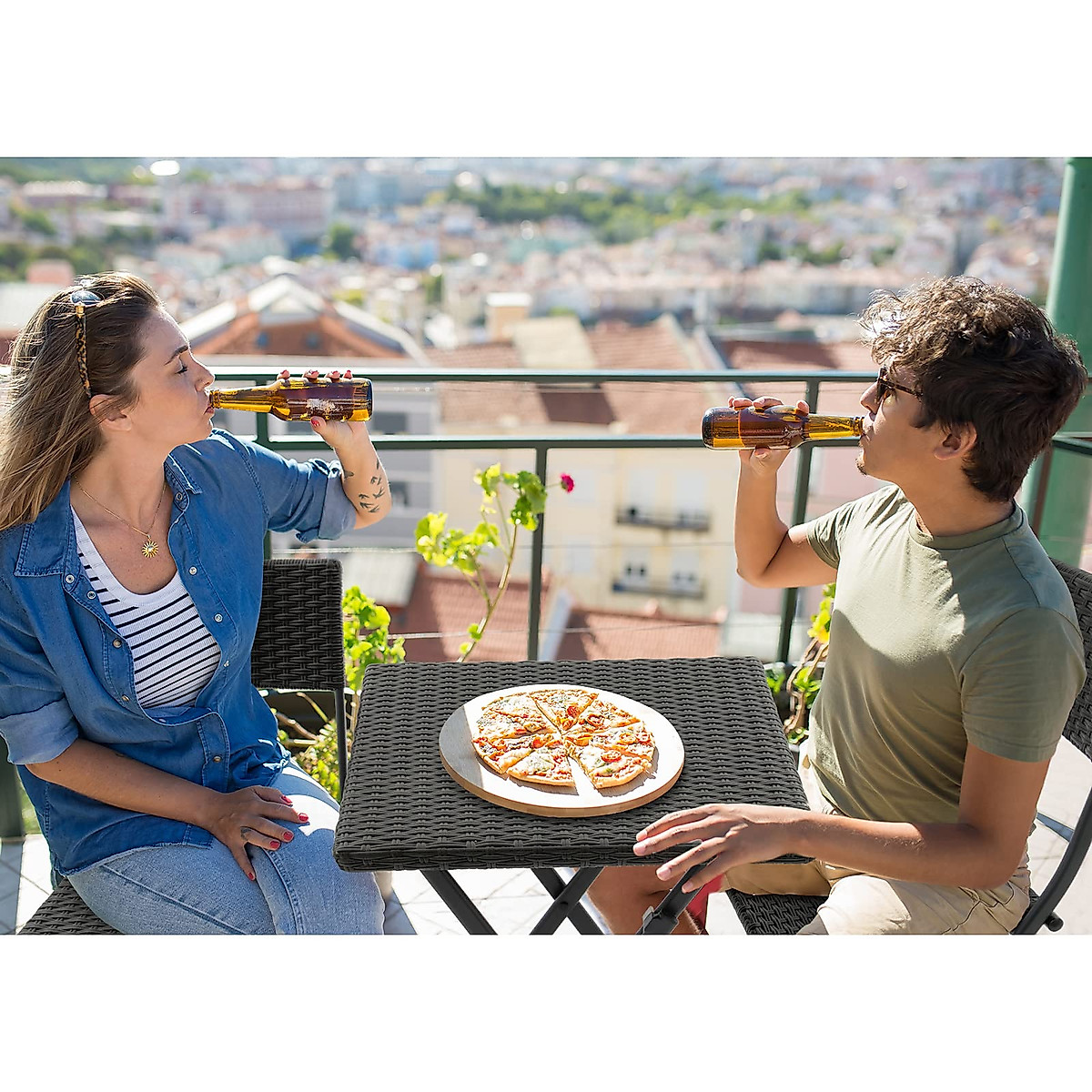 3 Pieces Outdoor Patio Bistro Set, All Weather Brown PE Rattan Patio Furniture Sets with Folding Patio Square Table and Chairs for Garden,Backyard,Balcony,Porch (Black)