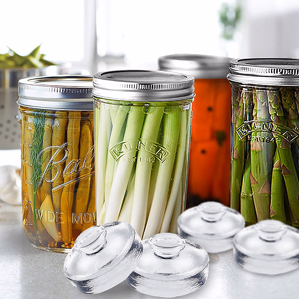 Artcome 4-Pack Glass Fermentation Weights with Easy Grip Handle and Unique Texture Design for Large Wide Mouth Mason Jars