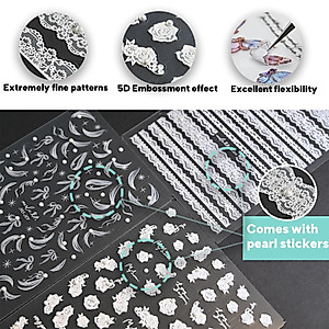 CESTSIREN 3 Sheets White Nail Art Stickers 5D Embossed Flower Lace Ribbon Nail Decals for Nail Art Design Pearl Nail Accessories for Women Nail Art Supplies
