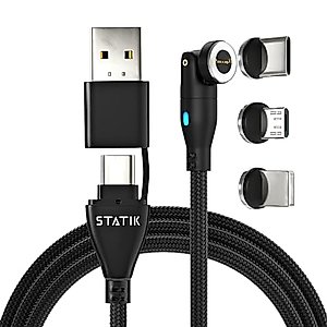 STATIK 360 Pro Magnetic Charging Cable - 100W Fast Charging Magnetic USB C Charging Cable, Magnetic Charger Cable Compatible with Apple Devices, USB-C, Micro-USB, USB-A Adapter - Black 1st Gen 10FT/3M