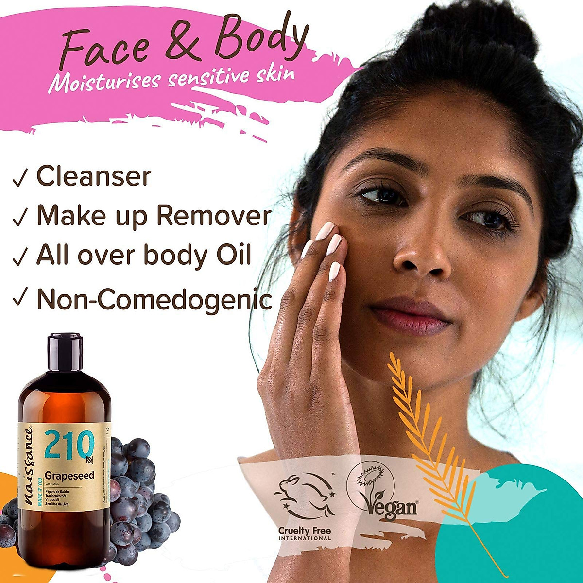 naissance Grapeseed Oil 16 fl oz Pure & Natural, Vegan, Hexane Free, Non GMO - Ideal for Aromatherapy and as a Massage Base Oil - Natural Moisturizer and Conditioner for Hair & Skin