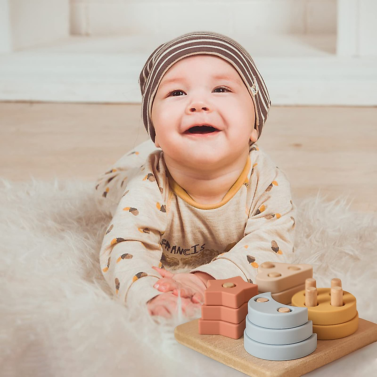 ibwaae Soft Silicone Stacking Toy for Baby 12 Pcs Montessori Sensory Teether Toys Early Shapes Recognition Development Building Stacker for Toddler