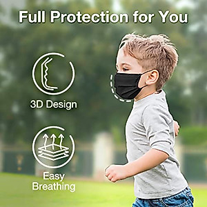 Medtecs Kids Face Mask Disposable - 2 Sizes Option (Child/Youth) 50 PCs - Comfy 3-Ply Breathable Children Masks, The Better & Safer Choice - Youth | Black