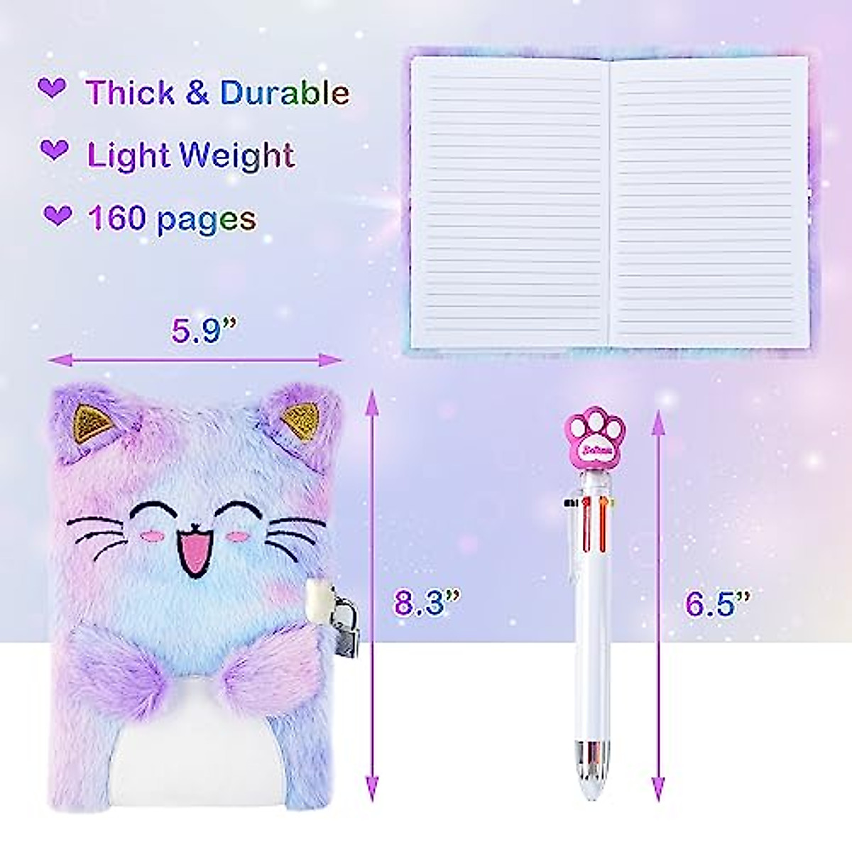 PJDRLLC Cat Diary with Lock, Gift for 6 7 8 Year Old Girl, Secret Diary Journal Notebook with Coin Purse, Bracelet, Multicolored Pen, Post-it Note, Stickers, Practical Gift for Birthday (A Happy Cat)