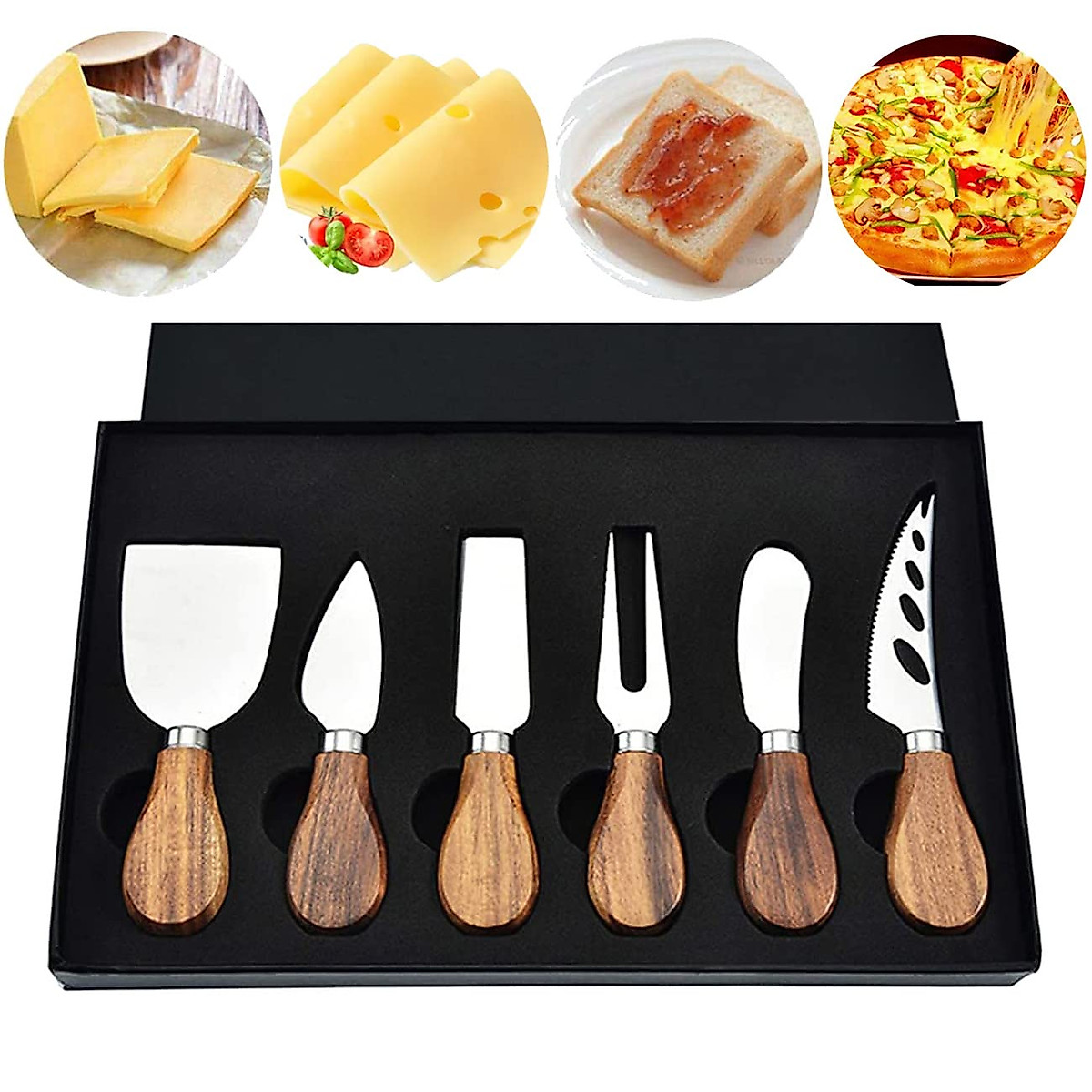 LGUIY 6-Piece Cheese Knife Set, Cheese Knives with Exquisite Box Cheese Slicer Cutters Fork Stainless Steel Slicer Wooden Handle Cheese Knife Gift Set