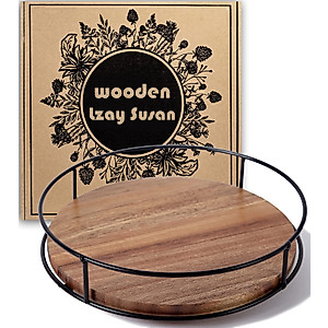 9" Acacia Wood Lazy Susan Turntable, Tomoaza Kitchen Organizer Turntable with Steel Sides, 360 Degree Turntable for Countertop Cabinet or Dining Table(Black)